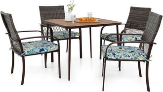 Costway Costway - Ensemble de repas dext&eacute;rieur 5 pi&egrave;ces - 4 fauteuils en rotin PE avec coussins - Table carr&eacute;e 80x80cm avec trou pour parasol - Structure