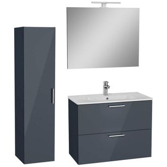 Vitra Set Mia ensemble meuble 79x61x39,5 cm avec miroir, lavabo, &eacute;clairage led + armoire 145x35x35cm, Anthracite brillant