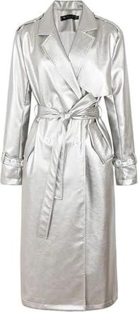 Generic Trench-coat long ample en cuir PU noir pour femme - Veste classique &agrave; double boutonnage pleine longueur, argent&eacute;, M