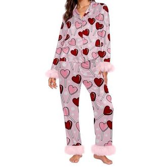 Generic Ensemble de pyjama en satin pour femme - V&ecirc;tement de nuit imprim&eacute; coeur - Haut et pantalon boutonn&eacute;s - Tenue 2 pi&egrave;ces - Pyjama en soie doux et confort