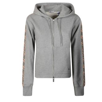 Burberry Femme, Sweatshirts et sweats &agrave; capuche, Gris, Taille: 40 FR Sweat &agrave; Capuche Zipp&eacute; en Coton Gris avec Bordure &agrave; Carreaux