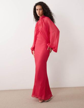 Asos robe longue rose avec dessus &agrave; col goutte deau, manches blouson et caraco &agrave; biais en dessous