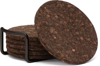 Thirstystone Set mit 6 dicken Untersetzern aus dunklem Kork, in attraktivem, silberfarbenem Untersetzer-Halter, 11,9 cm, rund, langlebig, saugfähig, leicht zu rein