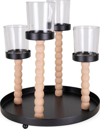 Matches 21 Teelichthalter 4-Fach auf Tablett Holz-Metall Natur-Schwarz Ø 20x22 cm - Windlicht mit Glas als Deko