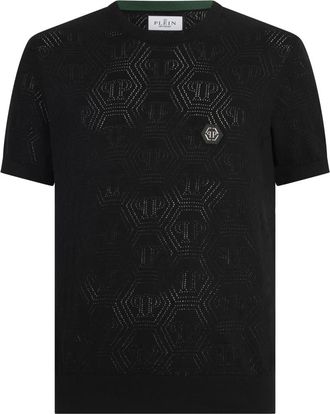 Philipp Plein Homme, Pulls, Noir, Taille: 3XL T-Shirt Col Rond Monogramme Ajour&eacute;