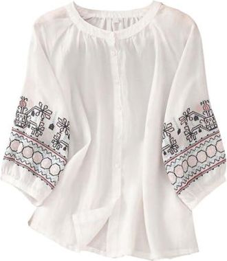 Generic Tunique rétro bohème en gaze paysanne pour femme - Style bohème - Broderie florale - 2025 - Haut indien à volants sur le devant pour femmes âgées - De