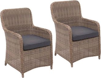 Hhg 2er-Set Poly-Rattan Stuhl HHG-084, Rattanstuhl Gartenstuhl Korbsessel, Spun Poly halbrundes Rattan MVG beige Kissen grau