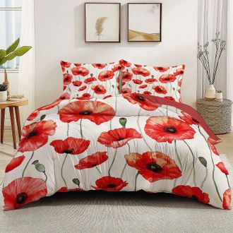 Generic Bettwäsche Aquarell Rote Blumen Mikrofaser Bettwäsche Set Rot Weich Bequem Wendebettwäsche Bettwaren 1 Bettbezug 135 x 200cm +2 Kissenbezug 80x80 cm f