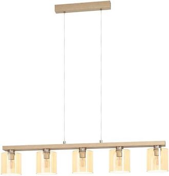 Eglo Hängelampe Castralvo, 5-flammige Pendelleuchte Esstisch, Hängeleuchte aus Glas in Amber und Holz in Natur, Esszimmerlampe hängend, E27 Fassung, 121 cm