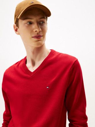 Tommy Hilfiger Strickpullover ESSENTIAL COTTON V NECK mit V-Ausschnitt und Stickerei unifarben, casual, regular fit, Baumwolle, V-Ausschnitt