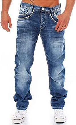 ORANDESIGNE Jeans Coupe Droite pour Hommes Jeans Stretch Coupe Slim Pantalon de Travail Couleur Pure Basique Bleu Décontracté Pantalons en Denim XXL C Bleu