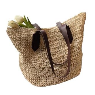 Generic Sac de plage en paille pour femme - Sac &agrave; bandouli&egrave;re en paille tiss&eacute;e - Grand sac fourre-tout d&eacute;contract&eacute; au crochet, beige, 1