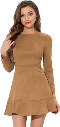 Allegra K Mini-Robe d&eacute;contract&eacute;e en Faux Daim &agrave; col Rond et Ourlet &agrave; Volants de No&euml;l pour Femme Marron L