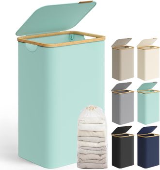 Songmics W&auml;schekorb mit Deckel, W&auml;schesammler 90 L, herausnehmbarer W&auml;schesack, Oxford-Gewebe, Griffe aus Bambus, zusammenklappbar, 42 x 32 x 70,5 cm, mintgr&uuml;n