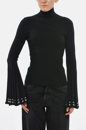 Blumarine Rippenpullover aus Schurwolle mit Glocken&auml;rmeln und &Ouml;sen-Details Blumarine