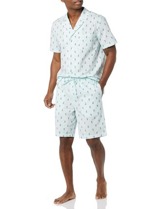 Amazon Essentials Herren Leichtes, Gewebtes Kurzes Loungewear-Pyjama-Set Mit Gekerbtem Kragen Und Knopf, Hellblau Weiß Ananas, XXL