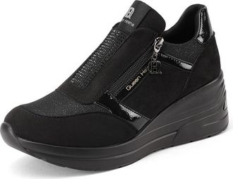 Queen Helena Sneakers mit Keilabsatz, hohe Turnschuhe mit seitlichem Rei&szlig;verschluss f&uuml;r Damen X33-28, Schwarz, 38 EU
