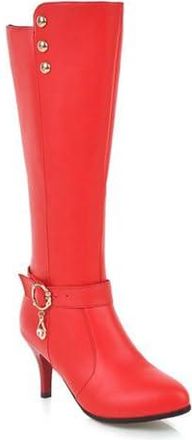 Generic Rouge,36 EU,Bottes Hautes en Cuir PU pour Femmes, Talons Aiguilles à Bout Pointu, avec Boucle de Ceinture, Fermeture éclair latérale, Talon Chaton, Bo