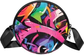 Generic Sac &agrave; bandouli&egrave;re rond pour femme, motif graffiti de dessin anim&eacute;, sac &agrave; dos avec fermeture &eacute;clair, bretelles r&eacute;glables, sac &agrave; main rond d&eacute;contract&eacute; p
