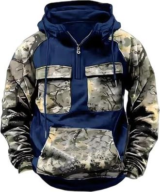 Generic Sweat à capuche camouflage patchwork 1/4 avec fermeture éclair 1/4 pour homme, manches longues, épais, multipoches, pour lhiver, décontracté, tendance