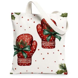 Generic Sacs fourre-tout en toile de vacances, sacs &agrave; provisions r&eacute;utilisables, motif moufles festives, imprim&eacute; joyeux, l&eacute;ger, lavable, &eacute;paule F, Rouge, 13x15