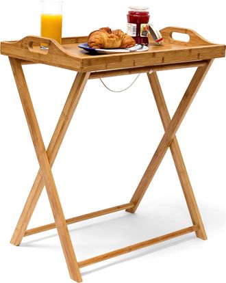 Relaxdays Tabletttisch, Bambus, HxBxT: 63,5 x 55 x 35 cm, klappbarer Beistelltisch mit Tablett, für Frühstück, natur