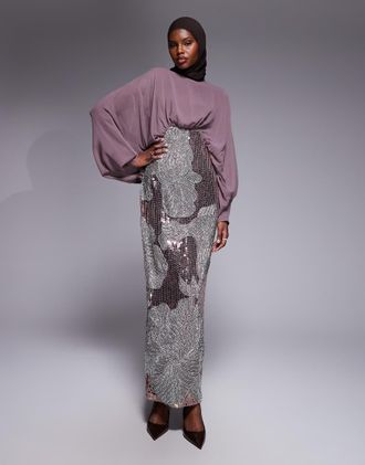 Asos Maxikleid in Malve mit Blouson-Oberteil, Fledermaus&auml;rmeln und Blumenverzierung am Rock-Bunt