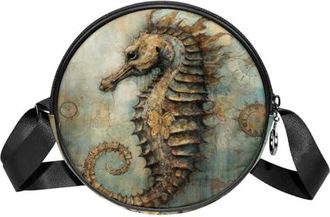 Generic Petit sac &agrave; bandouli&egrave;re rond pour femme, motif hippocampe, sac &agrave; dos &agrave; bandouli&egrave;re r&eacute;glable avec fermeture &eacute;clair, sac &agrave; main rond d&eacute;contract&eacute; pour fe