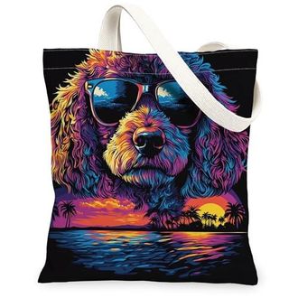 Generic Sac fourre-tout en toile motif caniche d&eacute;t&eacute; pour faire du shopping, 33 x 38,1 cm, motif chiot c&ocirc;tier cool, sac d&eacute;picerie r&eacute;utilisable, sac d&eacute;picerie p