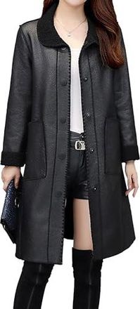 Generic Manteau long dhiver en similicuir pour femme avec poches de col boutonn&eacute; sur le devant, coupe ajust&eacute;e, veste mi-longue tendance, Noir, 4XL