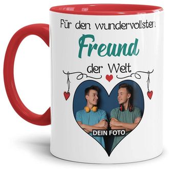 Tassendruck Tasse mit Spruch - Wundervollster Freund der Welt - personalisiert mit Wunschfoto - Geschenkidee f&uuml;r den besten Freund - Innen & Henkel Rot, 300 ml