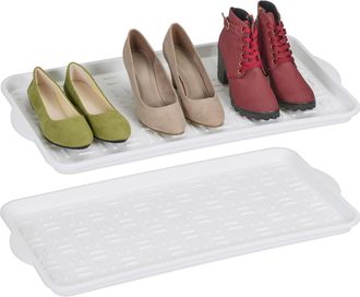Relaxdays Schuhabtropfschale 2er Set, Kunststoff, Schuhablage 3 Paar Schuhe, Schuhabsteller, HBT 3,5 x 74 x 36 cm, weiß