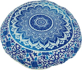 Guru Shop Flaches Mandala Meditationskissen, Yoga Kissen, Yogakissen, Sitzkissen, Bodenkissen, Dekokissen - Blau, Baumwolle, 10x40x40 cm