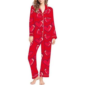 Generic Ensemble de pyjama 2 pi&egrave;ces en satin de soie avec imprim&eacute; coeur, v&ecirc;tements de nuit &agrave; manches longues, col &agrave; revers, chemise boutonn&eacute;e avec pantalon, t