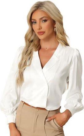Allegra K Chemisier Boutonn&eacute; Femme Col Crois&eacute; en V Haut daffaires D&eacute;contract&eacute;e &agrave; Manches Longues Blouse en Satin Blanc XS