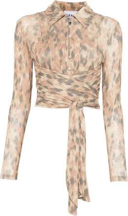 Ganni Femme, Blouses et Chemises, Brun, Taille: 38 FR Blouse Courte Imprim&eacute;e en Maille Marl &agrave; Nouer