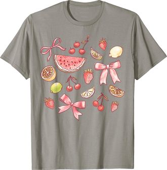 Trendy Apparel Assorted Jumble of Fruits and Cute Pink Bows T-Shirt