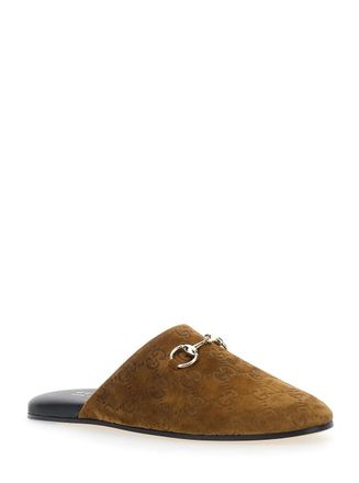 Gucci Womens Brown Suede Mule With Gg Motif Calf
