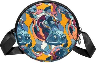Generic Petit sac &agrave; bandouli&egrave;re rond pour femme, sac &agrave; bandouli&egrave;re hippopotame avec fermeture &eacute;clair, bretelles r&eacute;glables, sac &agrave; main rond d&eacute;contract&eacute; pour fe
