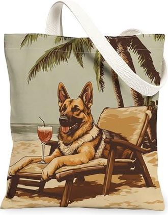 Generic Sac fourre-tout amusant en toile avec chien de berger allemand pour faire du shopping, 33 x 38,1 cm, sac &agrave; bandouli&egrave;re r&eacute;utilisable pour femme, peintu