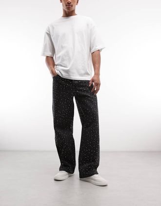 Cernucci Jean baggy orn&eacute; de strass - Noir d&eacute;lav&eacute;