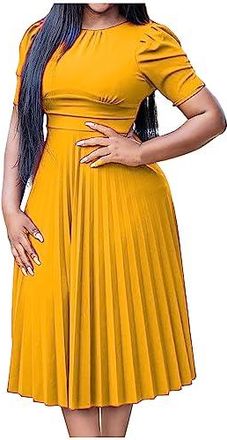 Generic Robe de travail vintage formelle &agrave; manches courtes pliss&eacute;e pour femme, robe midi modeste pour &eacute;glise, cocktail, f&ecirc;te, commande 2025 tendance, jaune, X