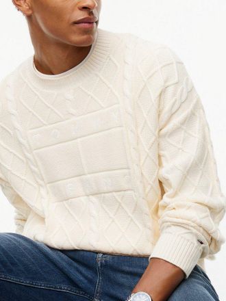 Tommy Jeans Rundhalspullover TJM RELAXED FLAG CABLE SWEATER mit Rauten- und Zopfmuster