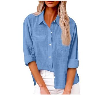 Generic Chemise en lin &agrave; manches longues pour femme 2026 tendance en coton et lin avec col en V, t-shirt ample d&eacute;contract&eacute; pour sortir, v&ecirc;tements avec poches,