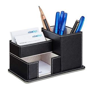 Relaxdays Kunstleder, Schreibtisch Organizer f&uuml;r Stifte, Notizzettel und B&uuml;roartikel, Stiftebox, schwarz Stiftehalter, PU-Leder, 10 x 18 x 12 cm