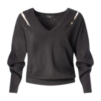 Fracomina Pull en maille &agrave; col en V avec &eacute;paules orn&eacute;es de bijoux - Femme - Pulls - Noir - Taille: 38 FR