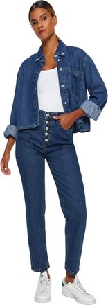 Trendyol Damen Gerade Mama Hohe Taille Jeans, Dark Blue, 32