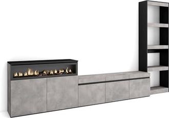 Skraut Home | Wohnwand Wohnzimmer | Wohnzimmerm&ouml;bel, M&ouml;belset | 310x186x35cm | F&uuml;r TV-Ger&auml;te bis zu 65 | Elektrokamin. | Moderner Stil | Zement