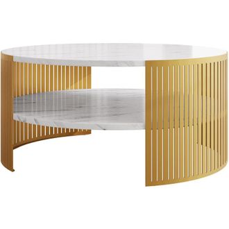Best Mobilier Bestmobilier - Table basse ronde 75 cm en marbre blanc et dor&eacute; - Structure en acier et bois - R&eacute;sistante &agrave; lhumidit&eacute; et aux rayures - Design moderne