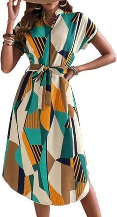 Generic Robe DéTé à Manches ImpriméEs avec Ceinture Robe Longue DéContractéE à Taille Haute éLastique pour Les Vacances Cocktail Formel Travail Mariage